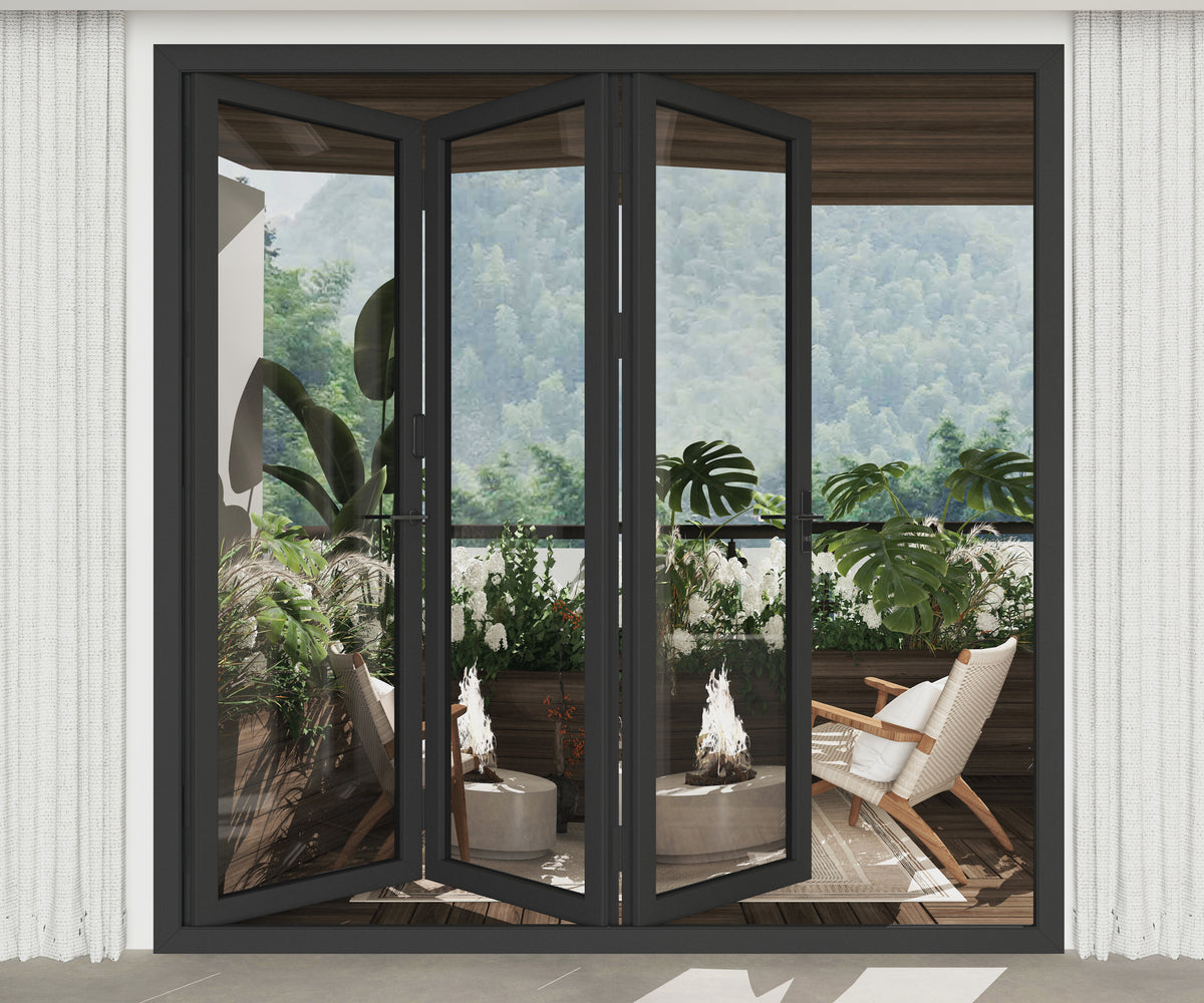 KaMic 108" x 80" 3 Panels Aluminum Folding Doors in Black, Folded Out ...