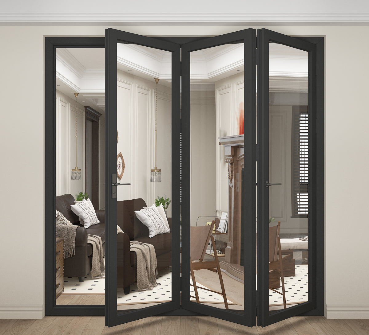KaMic 96" x 96" 3 Panels Aluminum Folding Doors in Black, Folded Out f ...