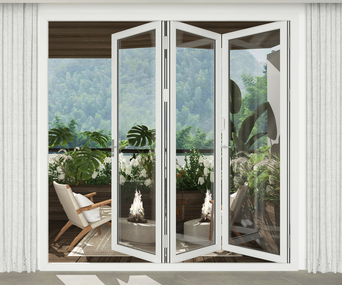 KaMic 108" x 80" 3 Panels Aluminum Folding Doors In White, Folded Out ...