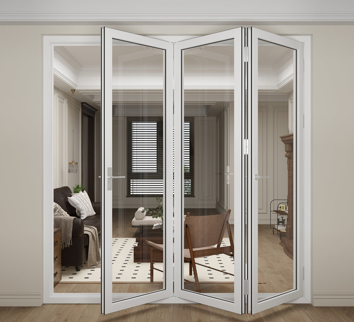 KaMic 96" x 80" 3 Panels Aluminum Folding Doors In White, Folded Out F ...