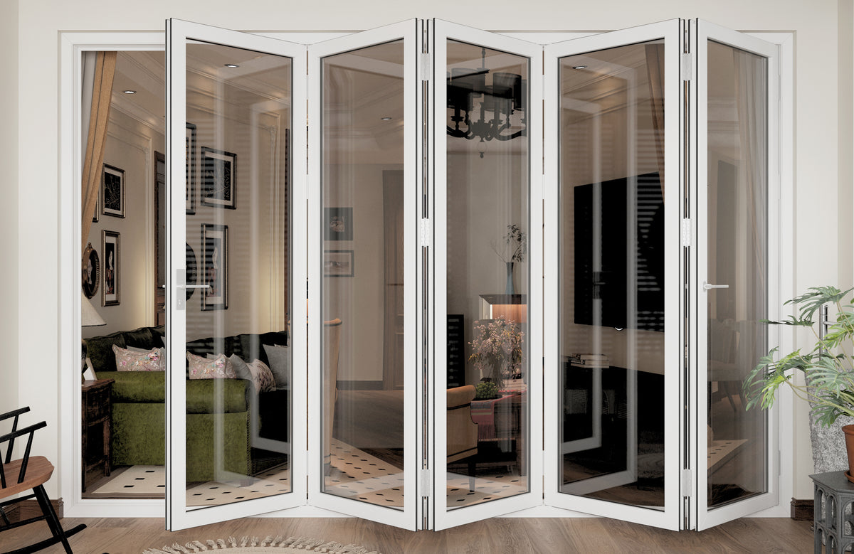 KaMic 144" x 80" 5 Panels Aluminum Folding Door In White, Folded Out F ...
